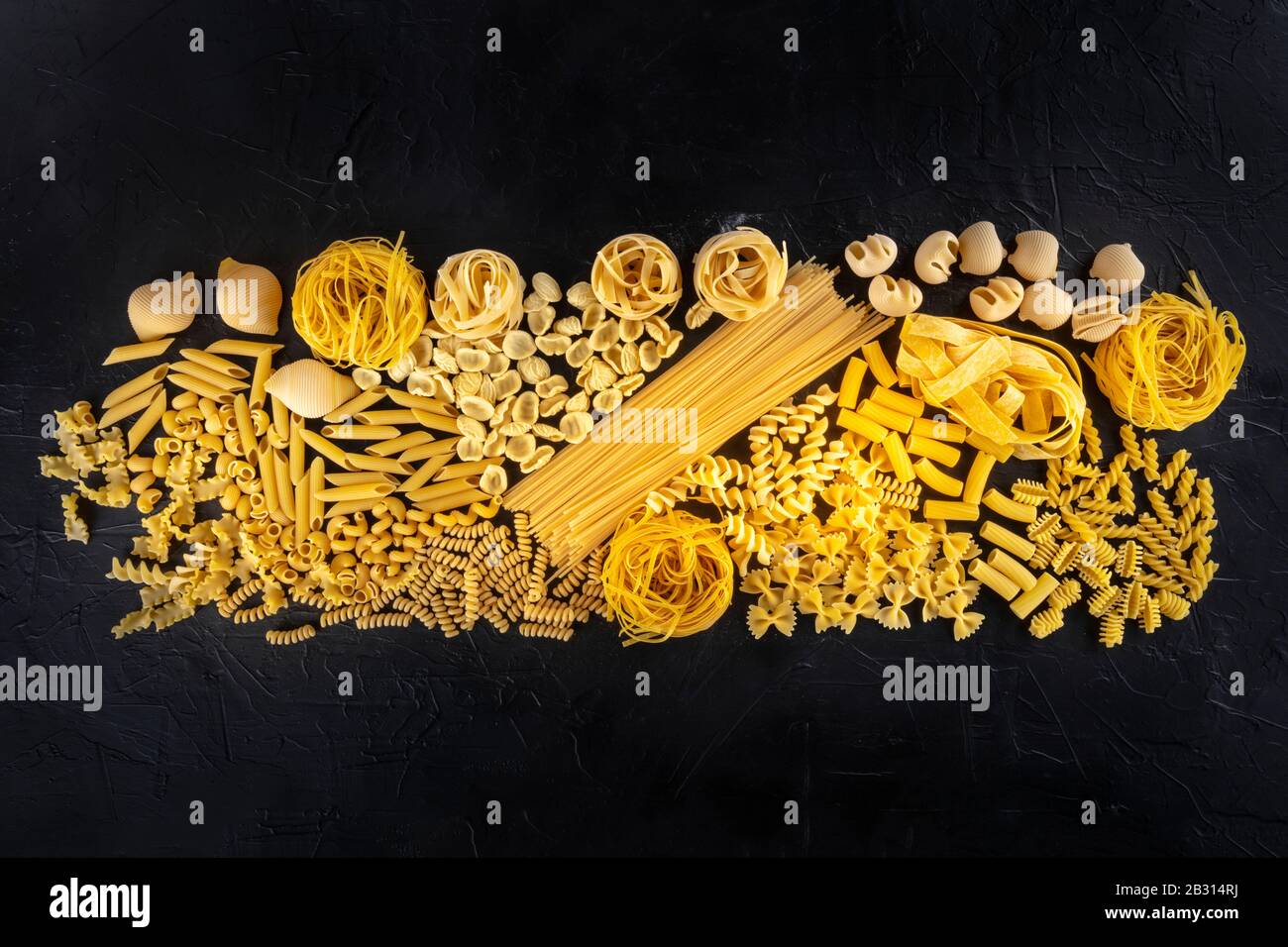 Italian pasta texture, a flat lay of a variety of pasta types, shot ...