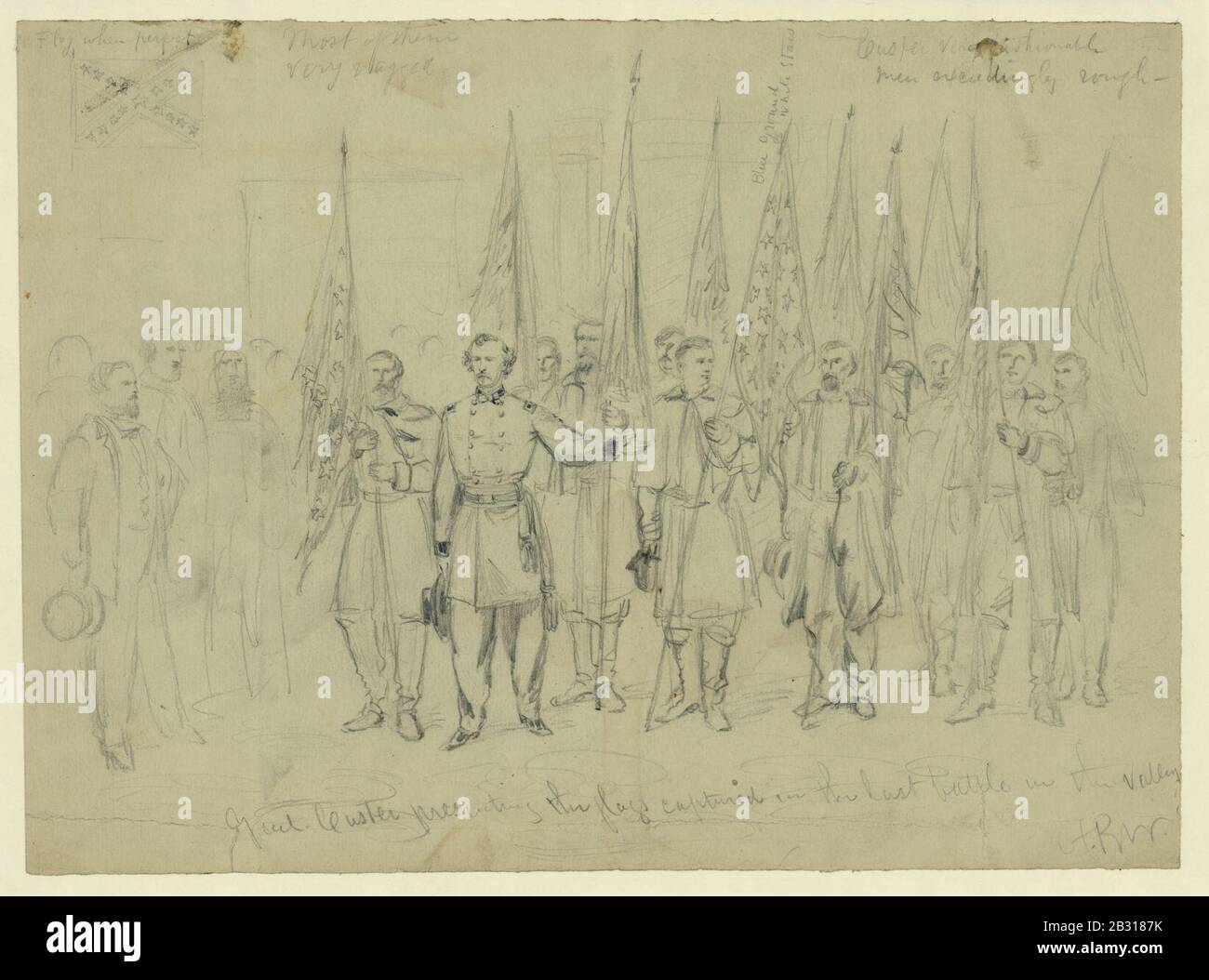 Genl. Custer presenting the flags captured in the last battle in the ...