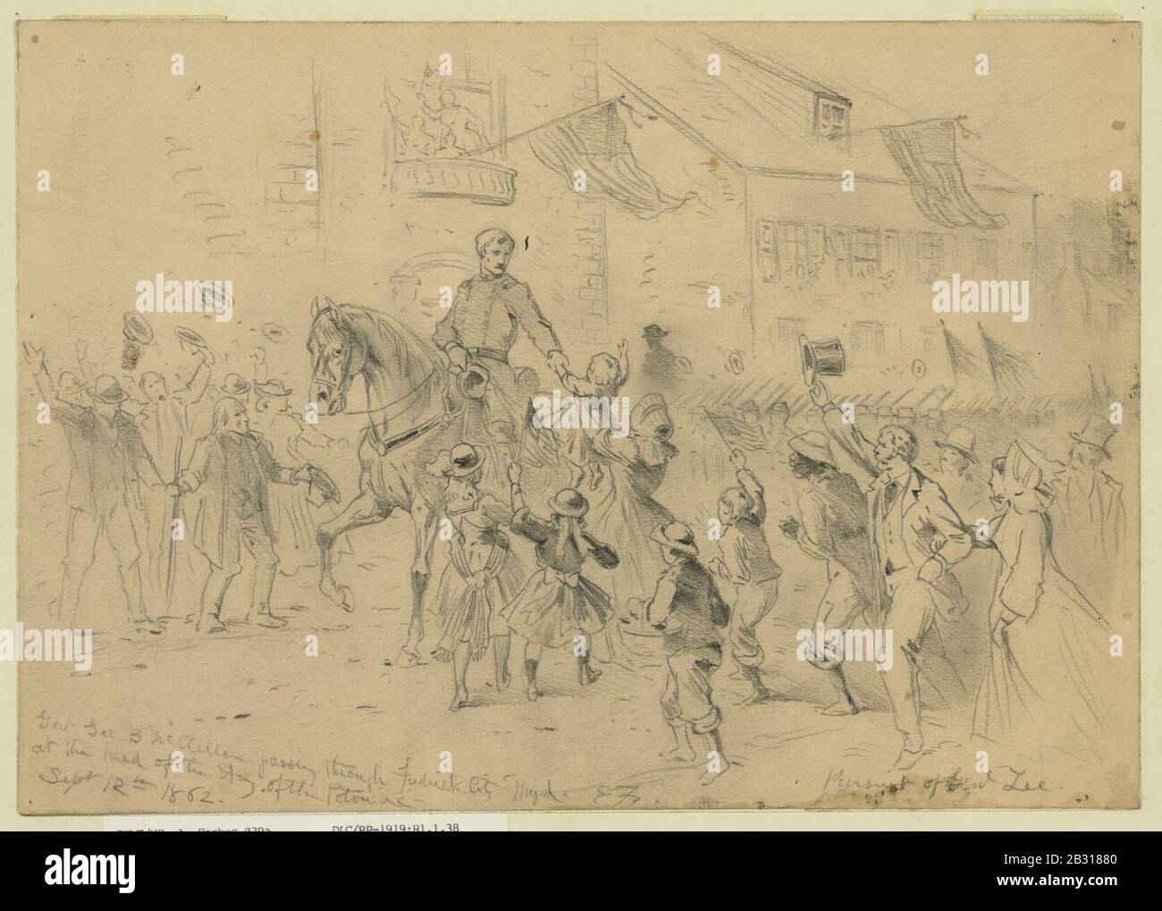 Genl. Geo. B. McClellan passing through Frederick City Myd. at the head of the Army of the ...