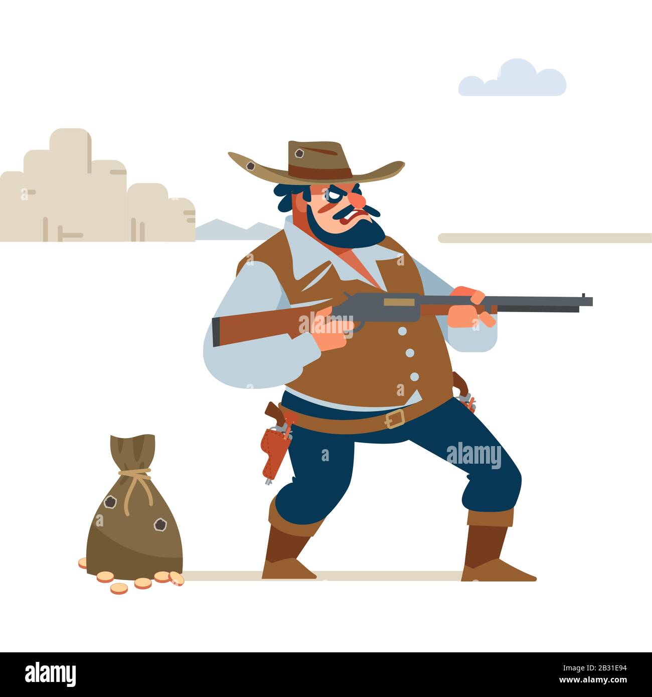 Wild west. Cowboy Gunfight. Cartoon vector illustration. Flat style ...