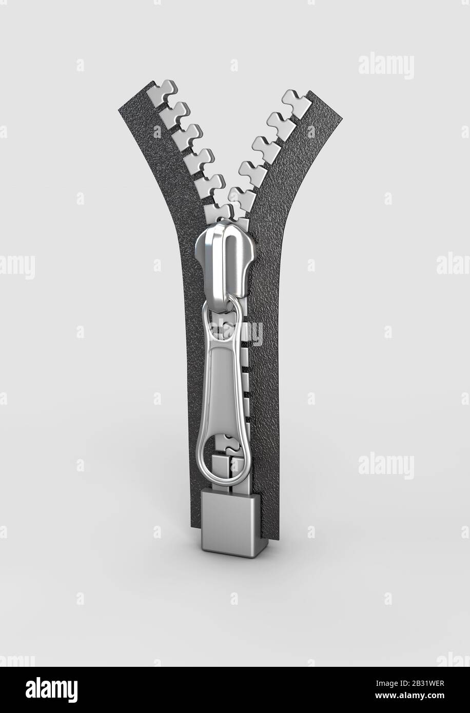 3d Rendering of open zipper interlocking metal fastener on clothing ...