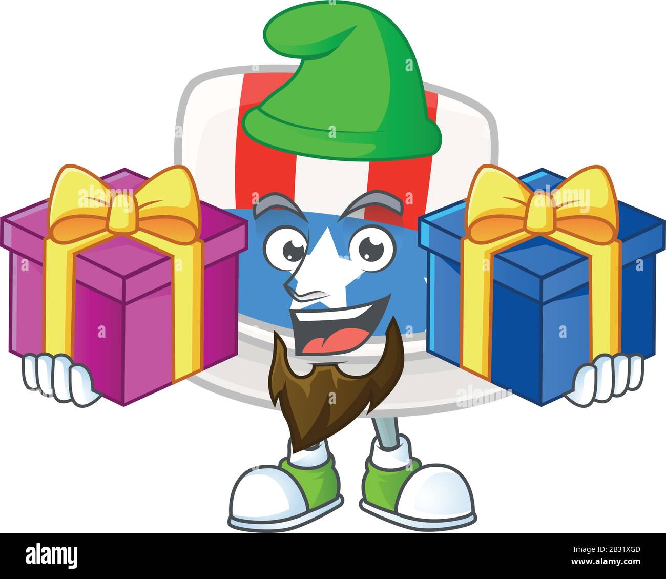 A charming uncle sam hat cartoon mascot style with two boxes of gifts ...