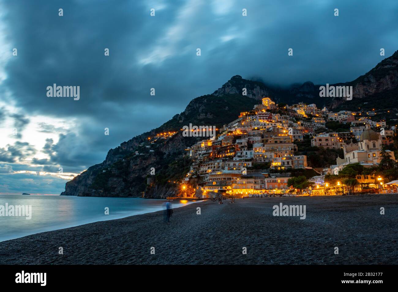 Landscape with Positano town at famous amalfi coast at sunset, Italy ...
