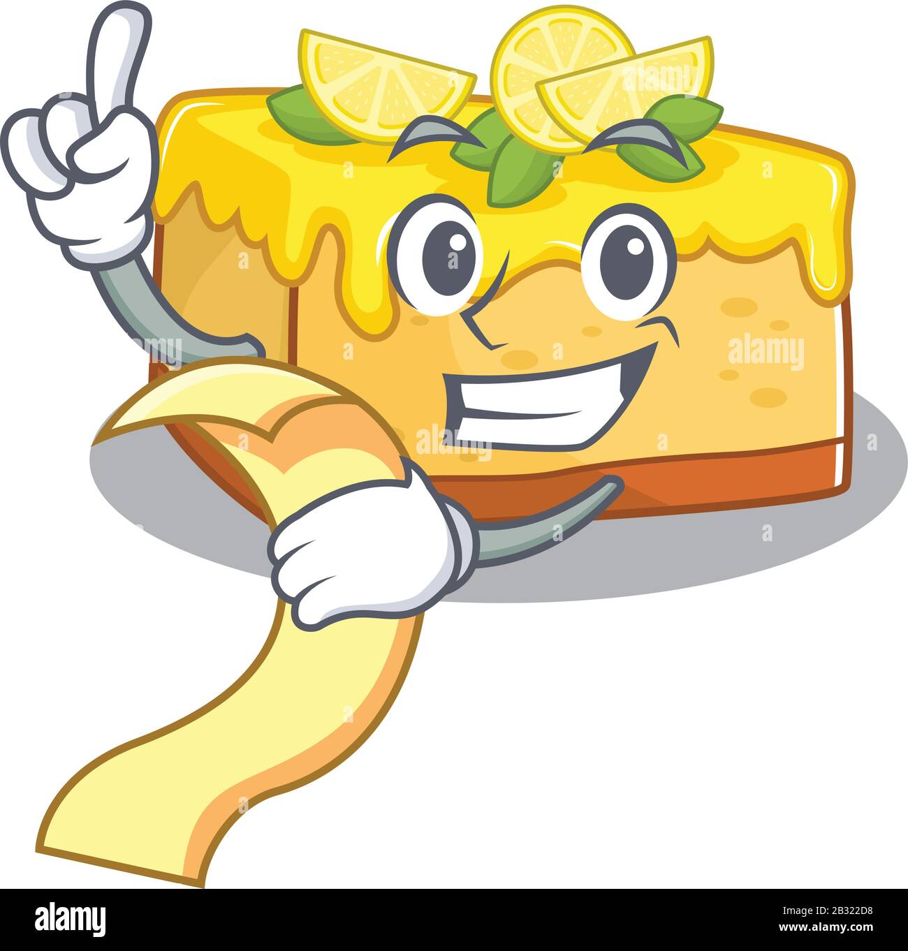 A funny cartoon character of lemon cheesecake holding a menu Stock ...