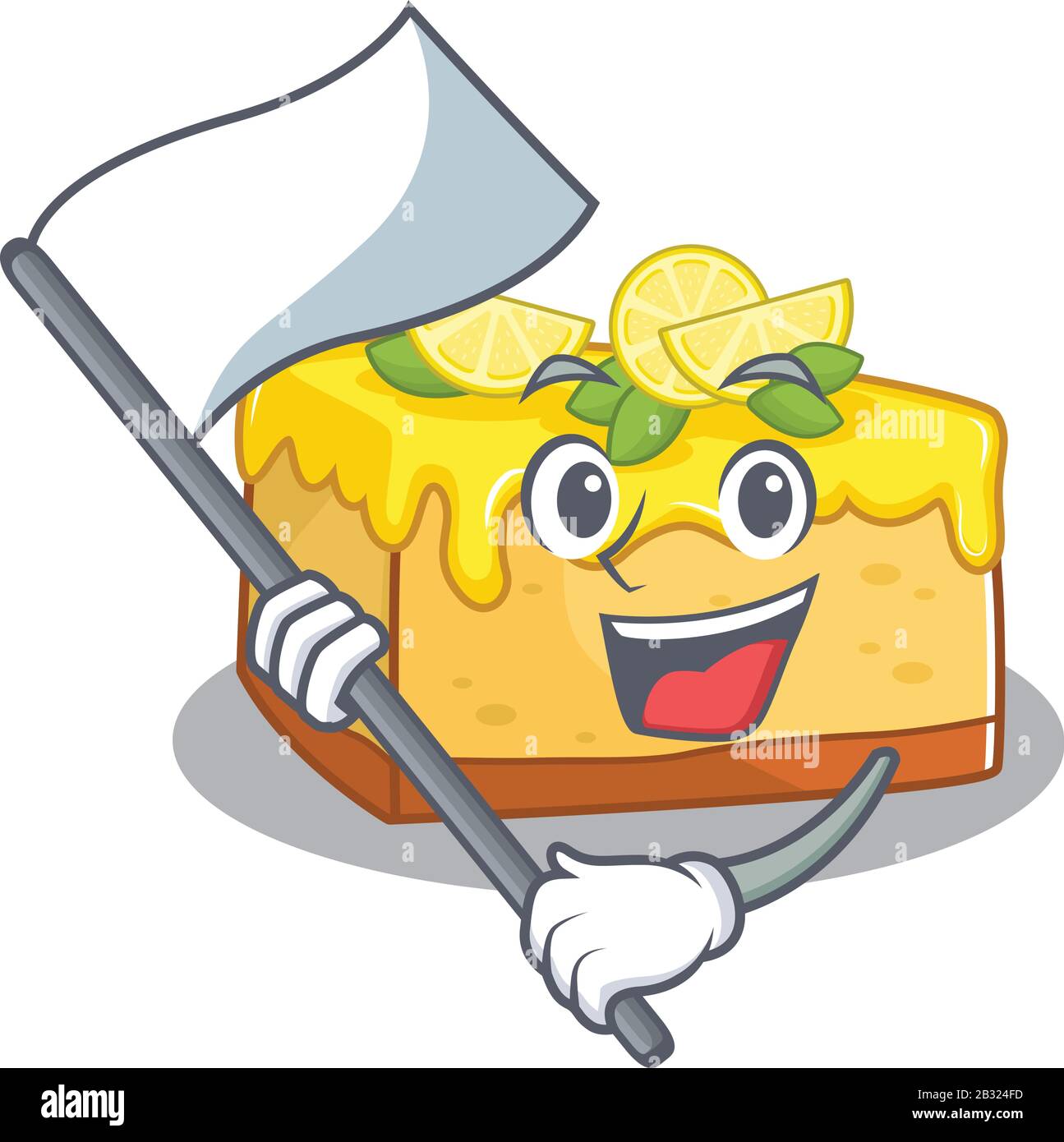 Funny lemon cheesecake cartoon character style holding a standing flag ...