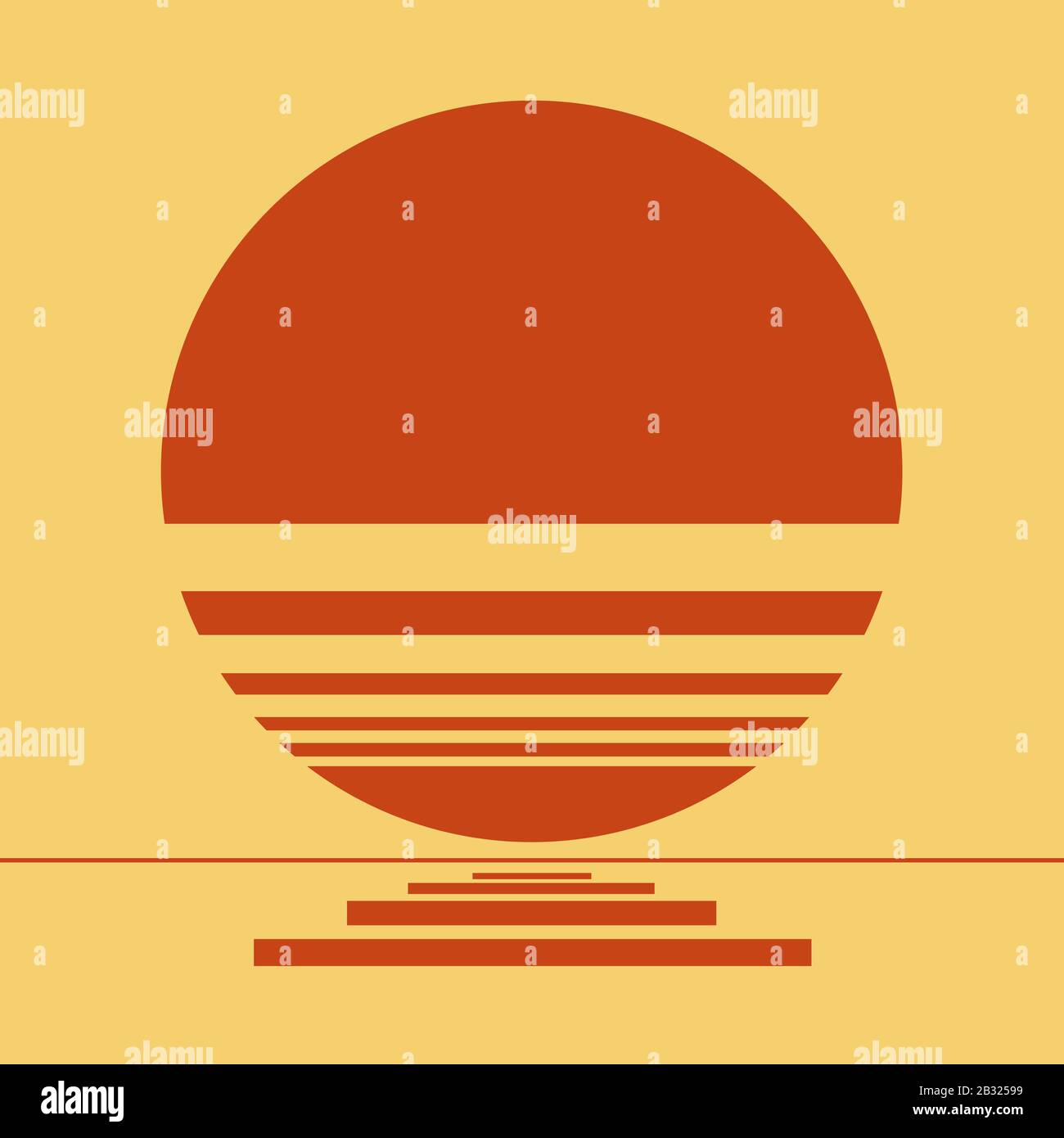 Illustration, graphic design of abstract red sunset against yellow ...