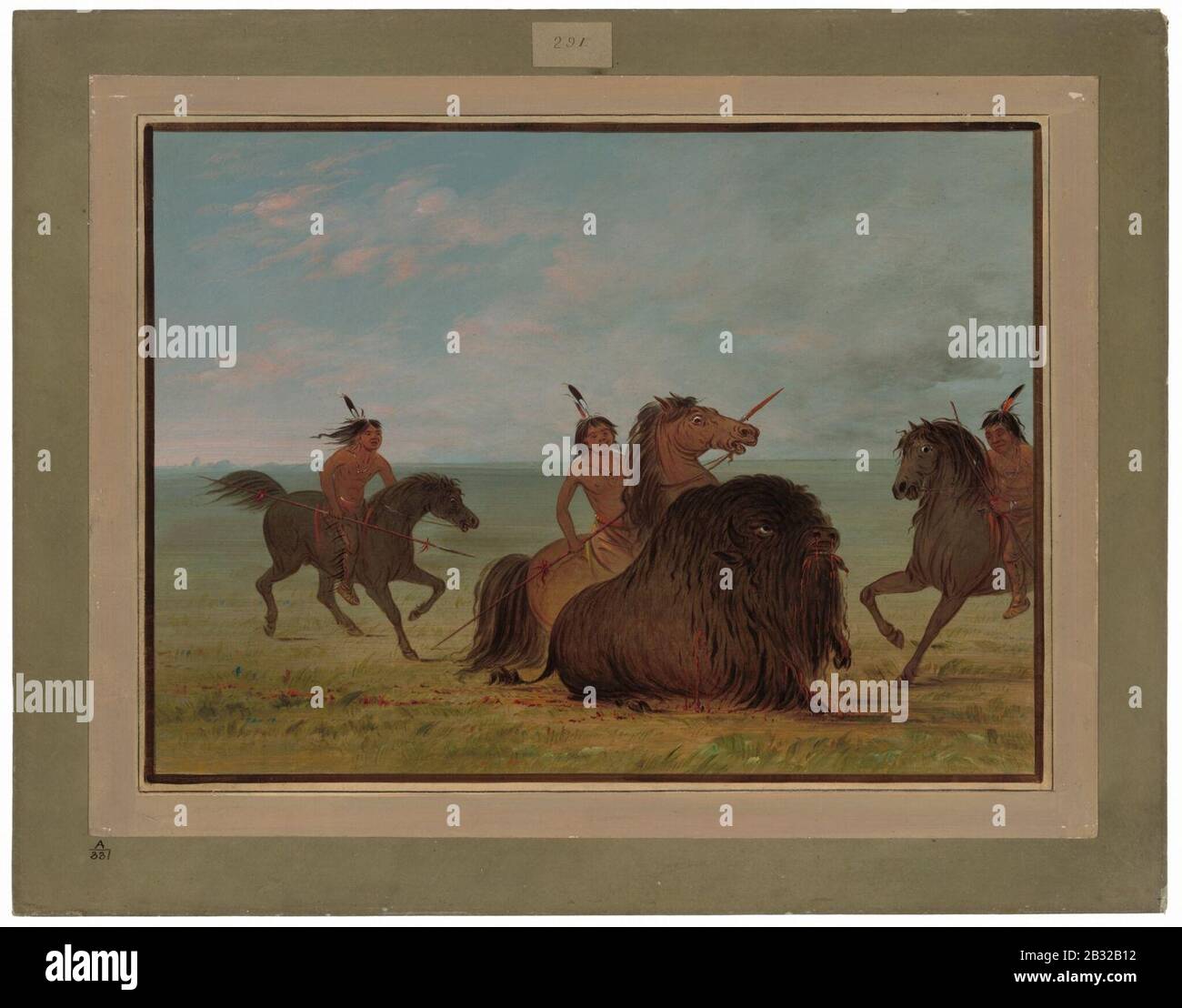 George Catlin - Camanchees Lancing a Buffalo Bull Stock Photo - Alamy
