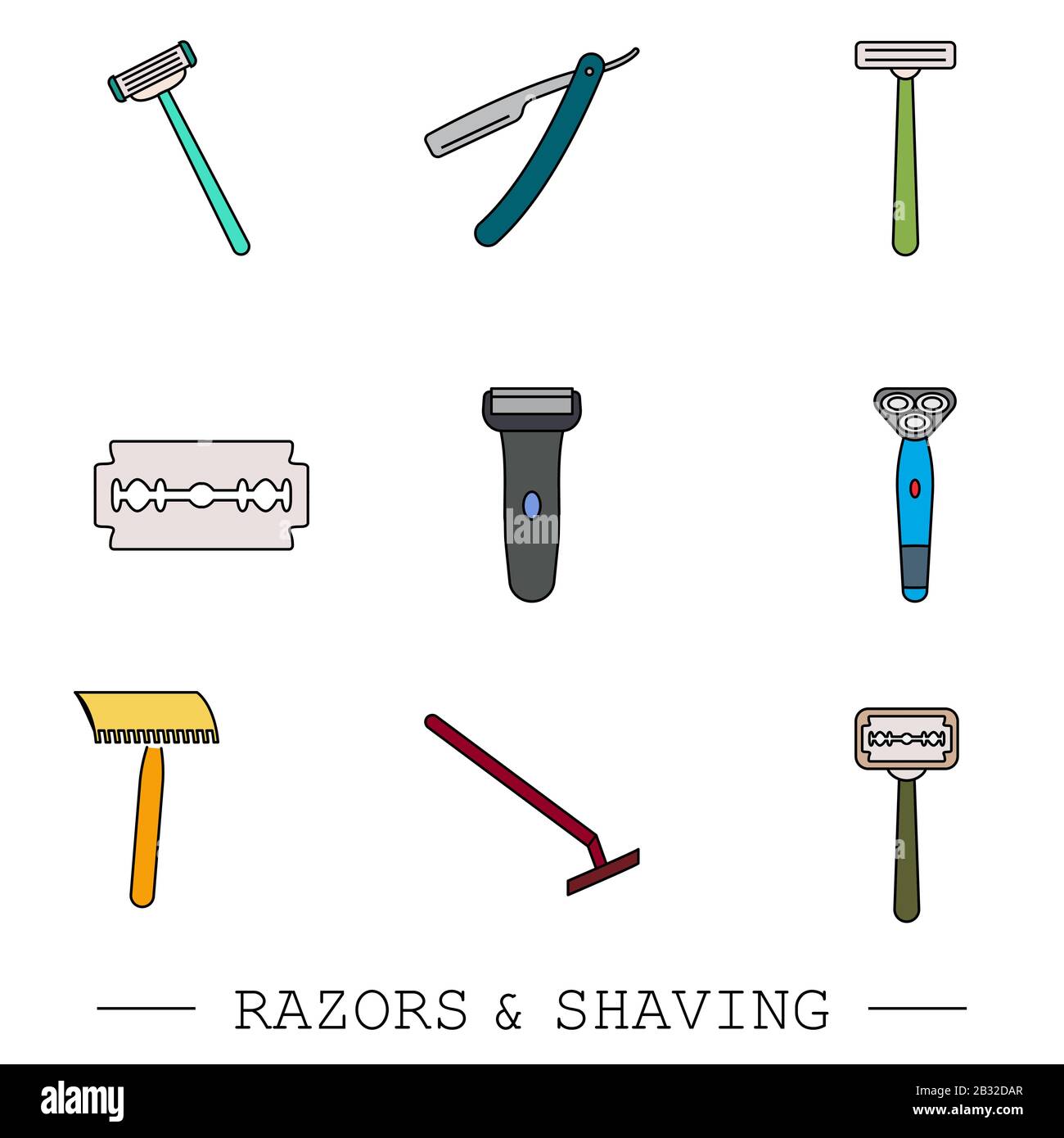 Razor vector color icon set. collection of 9 razor outline icons ...