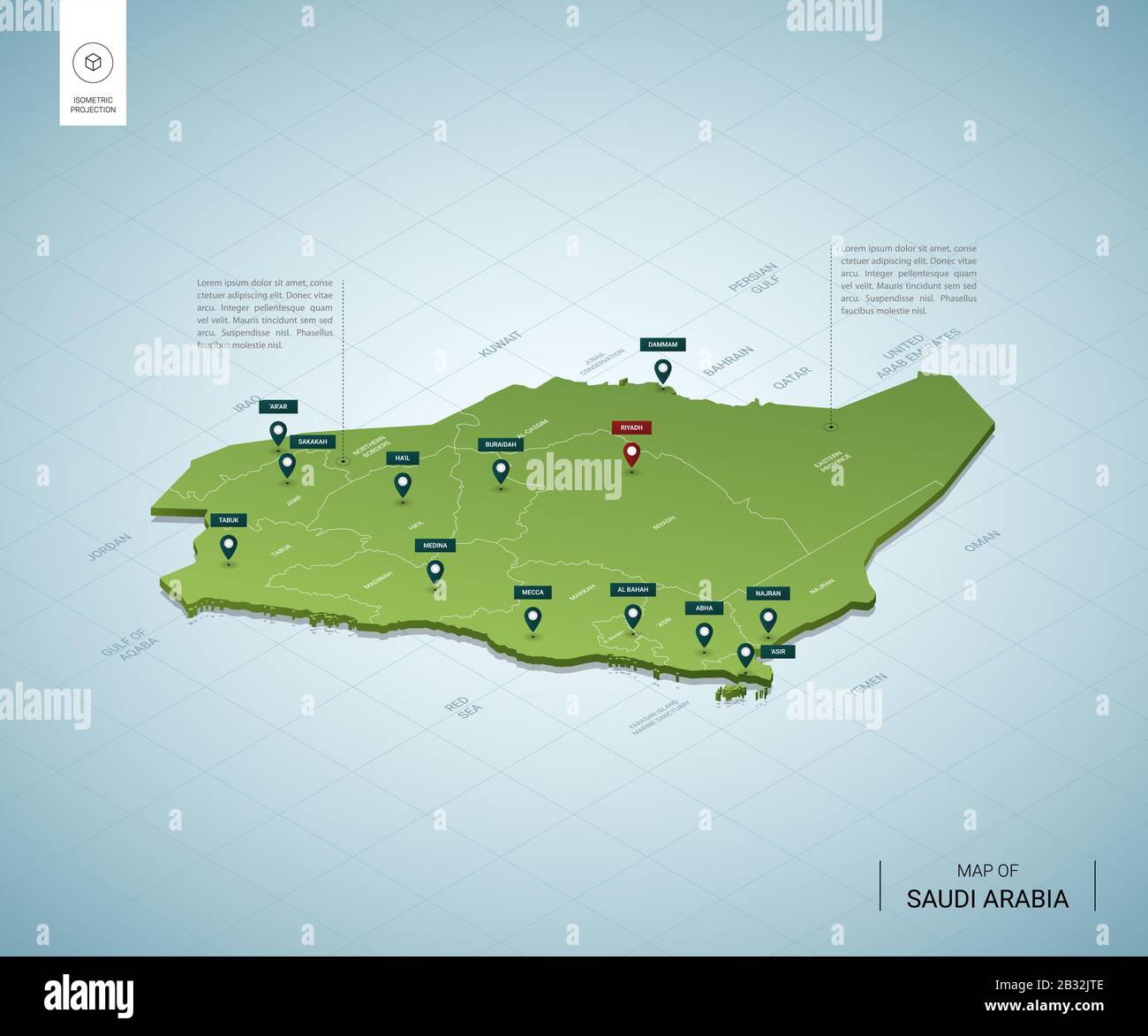 Stylized map of Saudi Arabia. Isometric 3D green map with cities ...