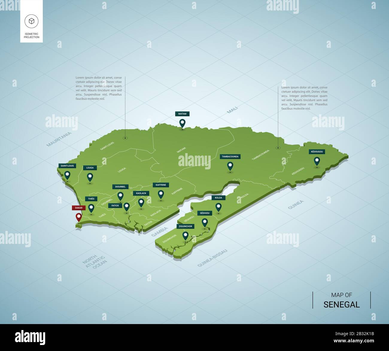 Stylized map of Senegal. Isometric 3D green map with cities, borders, capital Dakar, regions ...