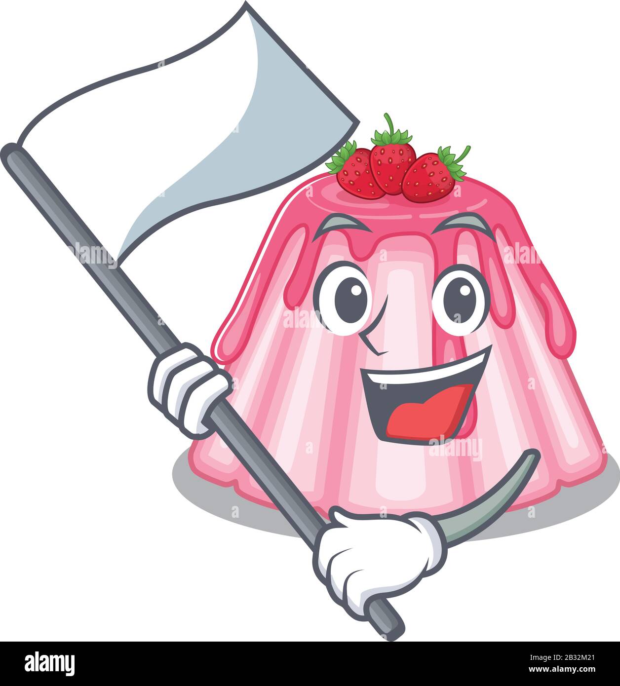 Funny strawberry jelly cartoon character style holding a standing flag ...