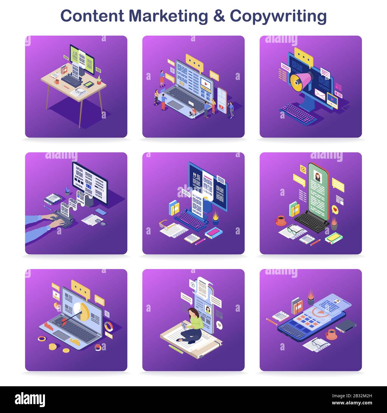 Content marketing & copywriting isometric concept icons set. Inbound ...