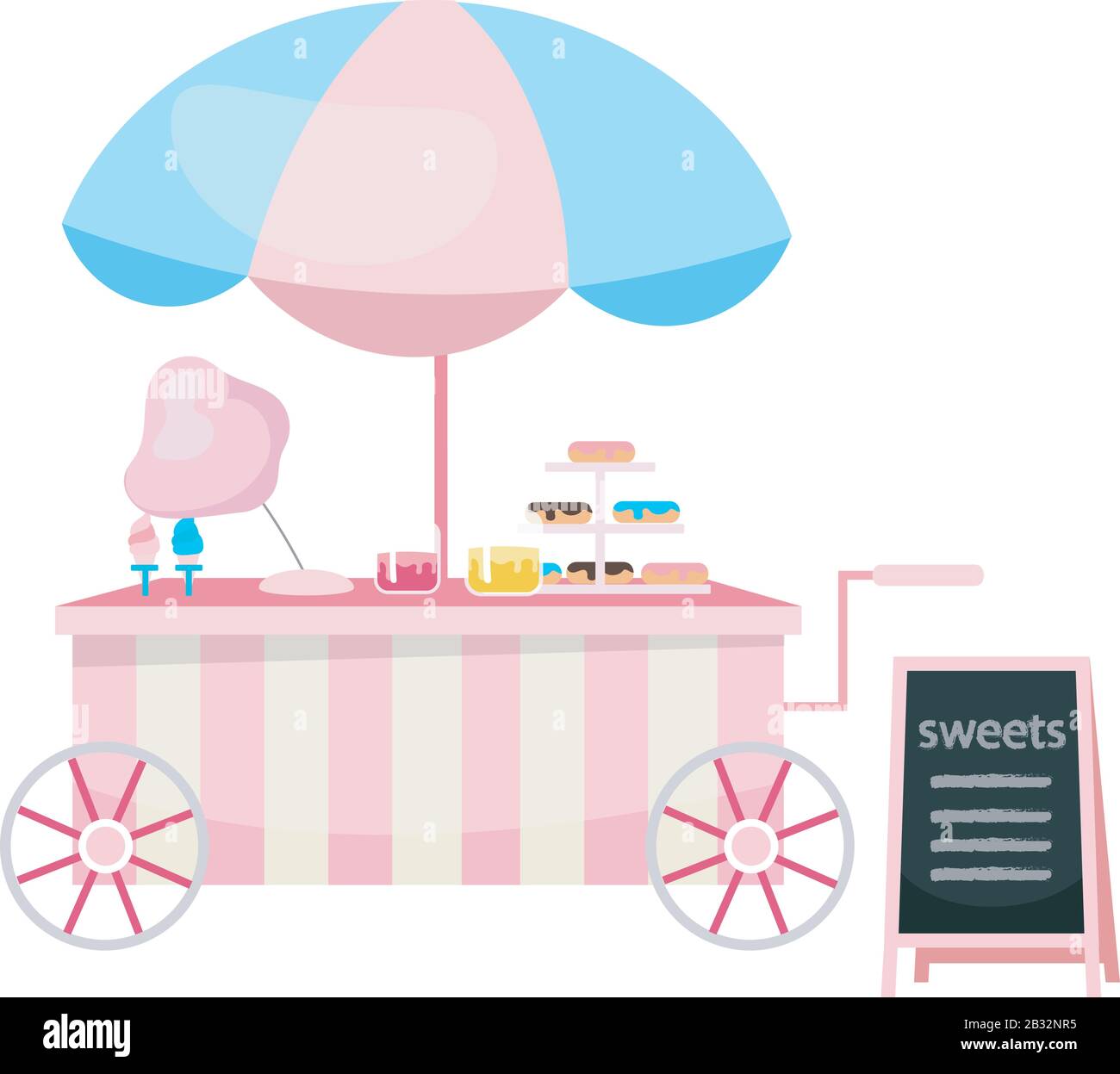 Street food cart flat vector illustration. Sweets and candies trolley ...