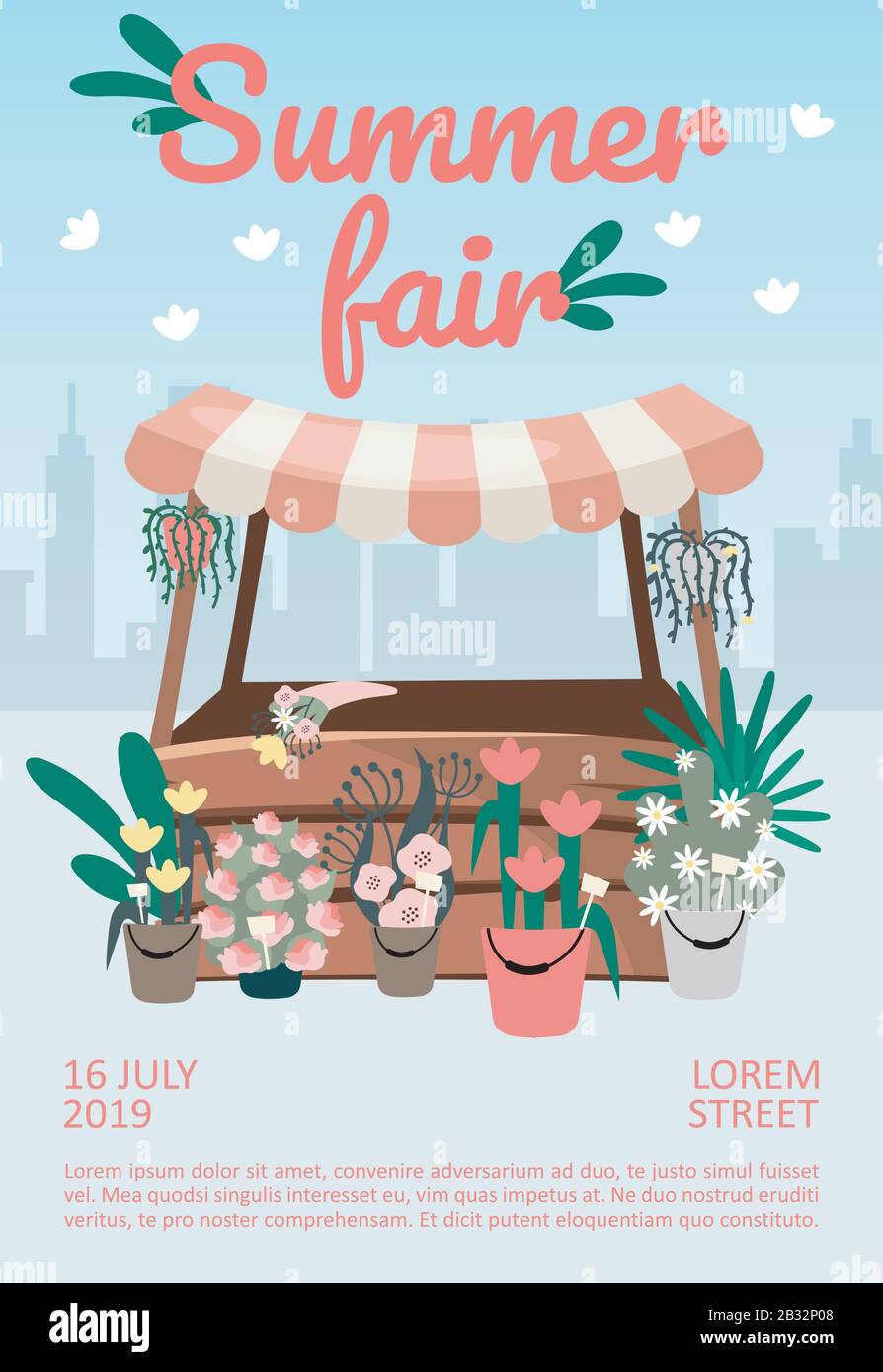 Summer fair brochure template. Street market, funfair stall, trade tent ...