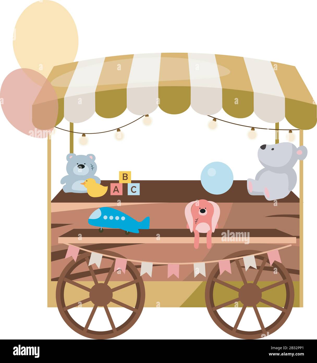 Street market wooden cart with toys flat vector illustration. Retro ...