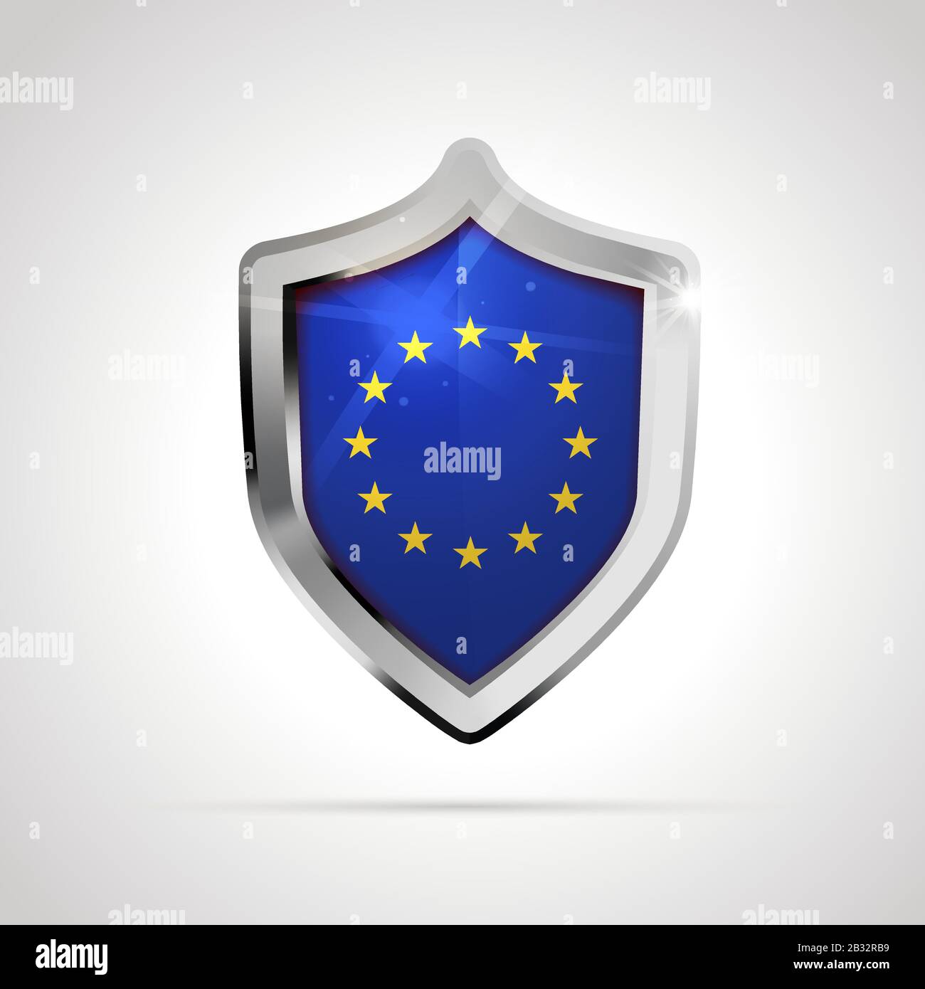 European union flag projected as a glossy shield on a white background ...