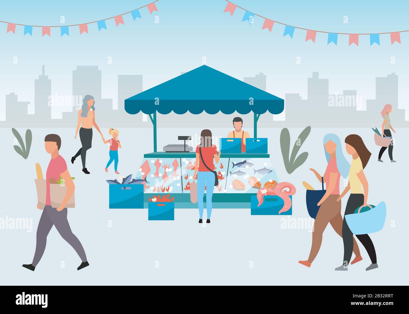 Street fishmarket flat illustration. People walk summer fair, outdoor ...