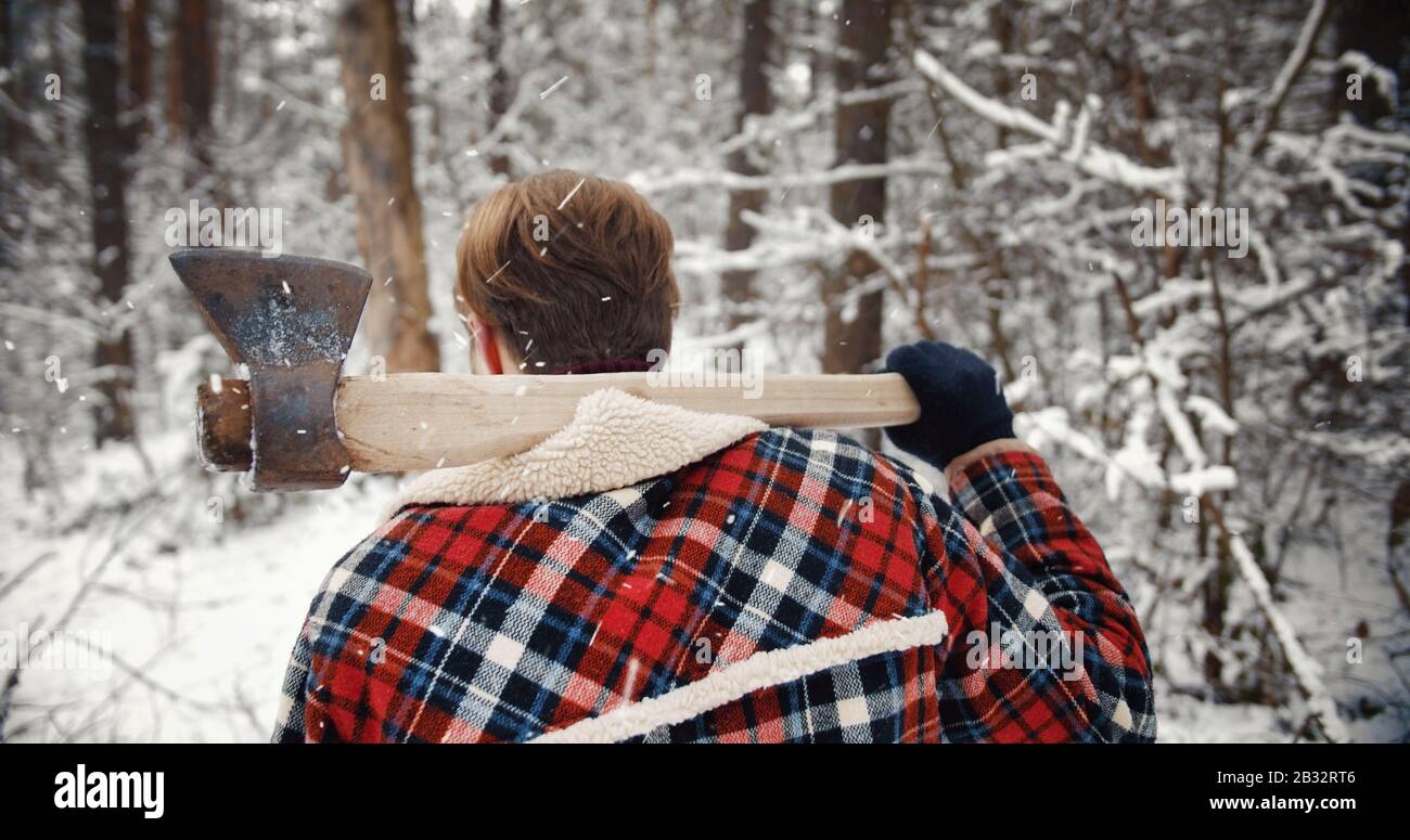 Man with axe rear view Stock Photo - Alamy