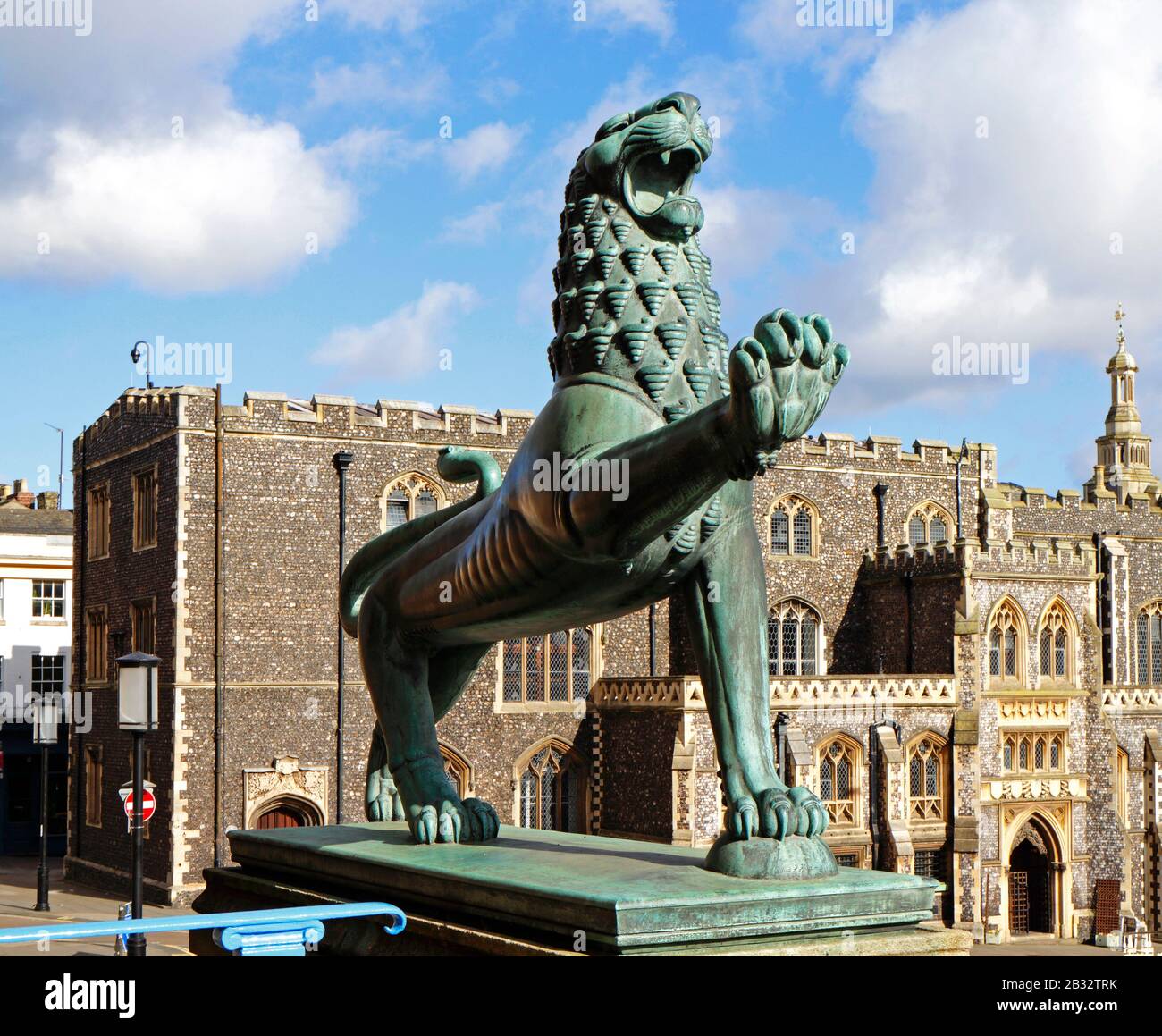A view of a lion passant sculpture outside the entrance to the City ...