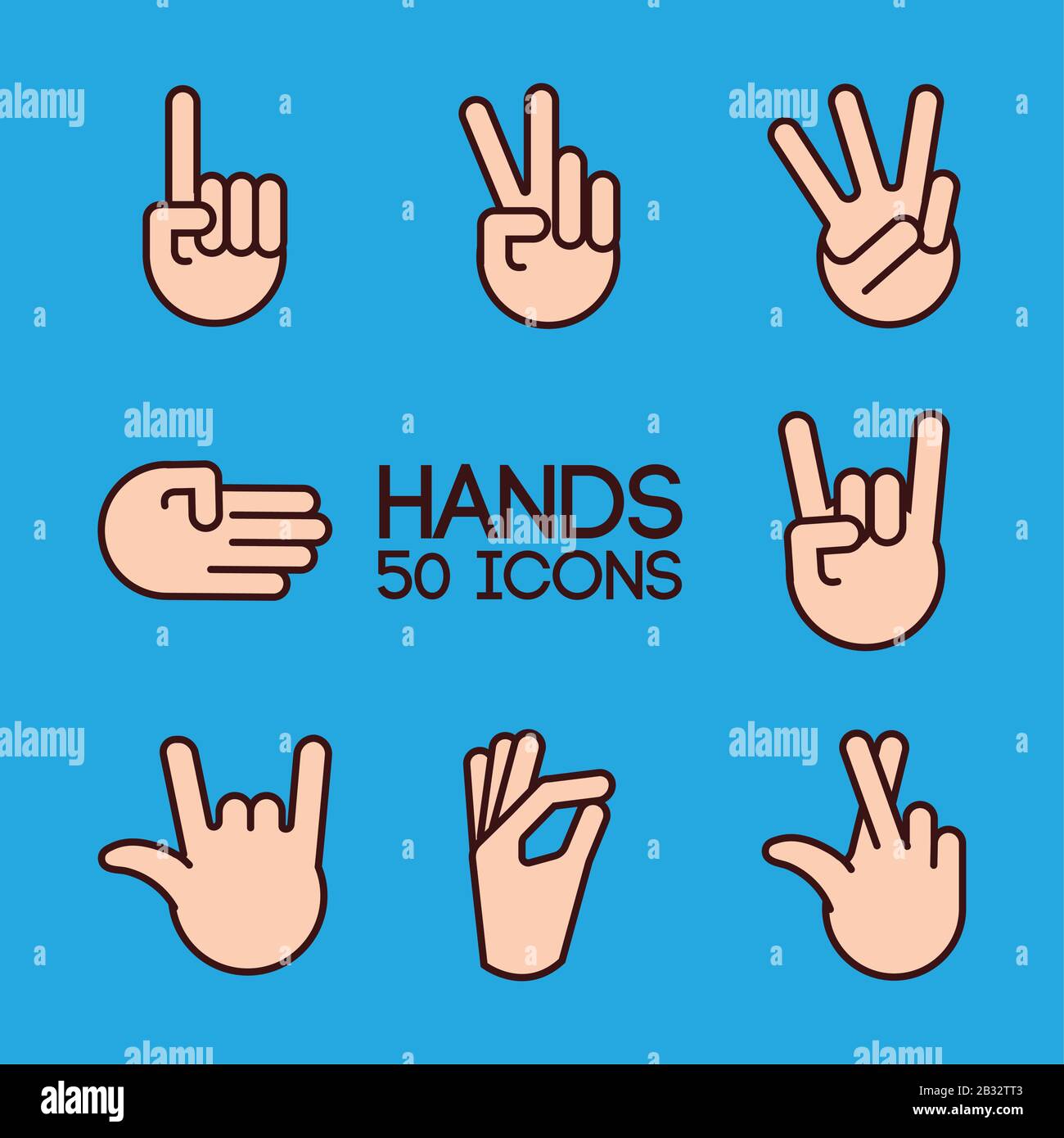 bundle of hands signals line and fill style in blue background Stock ...