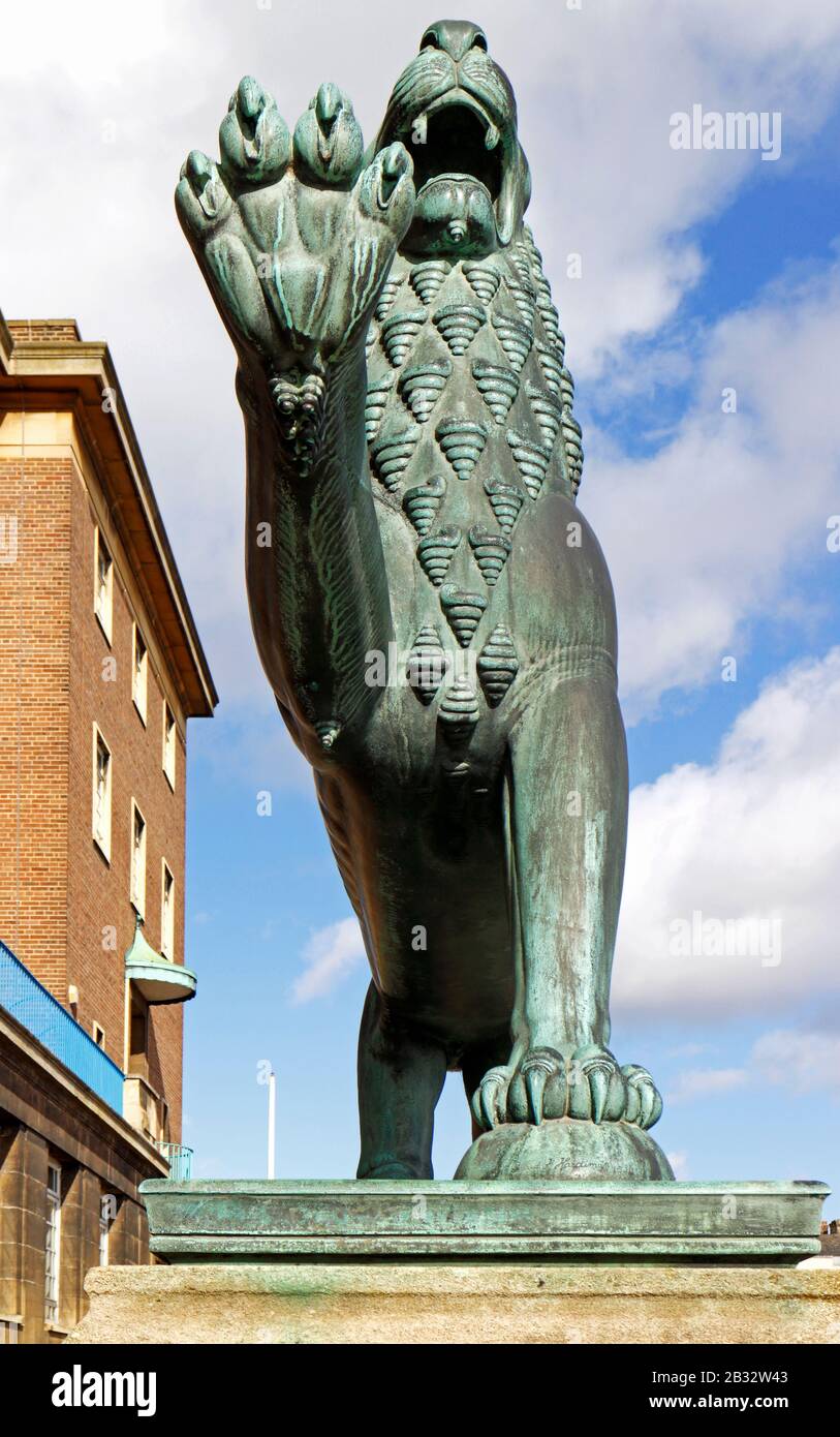 A view of a lion passant sculpture outside the entrance to the City ...