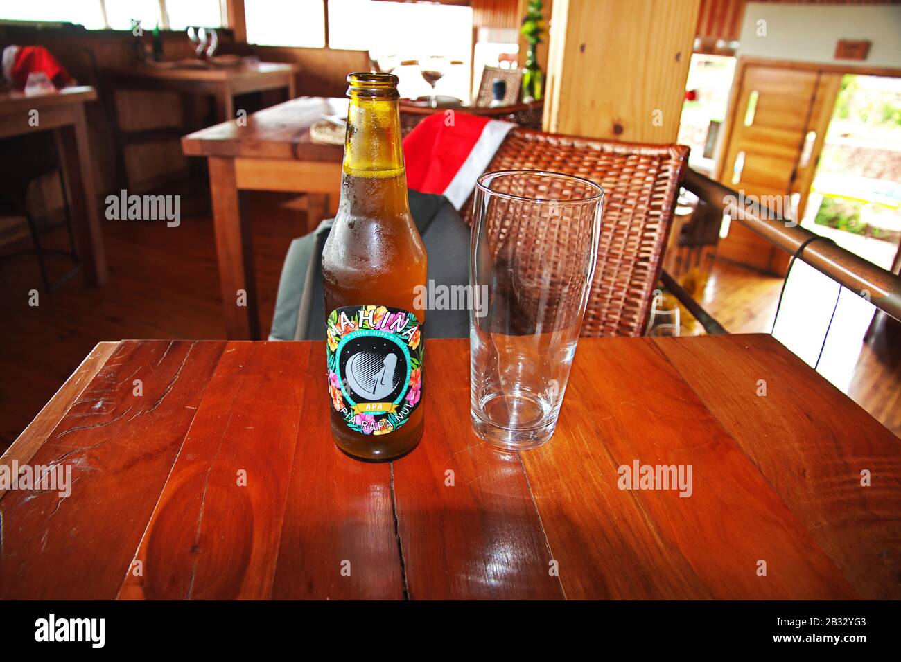 Beer Mahina Pia Rapa Nui in street cafe of Hanga Roa on Easter Island ...