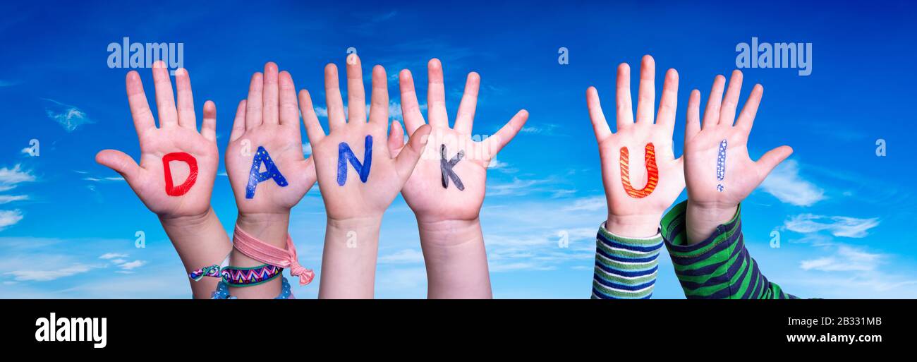 Children Hands Building Word Dank U Means Thank You, Blue Sky Stock ...