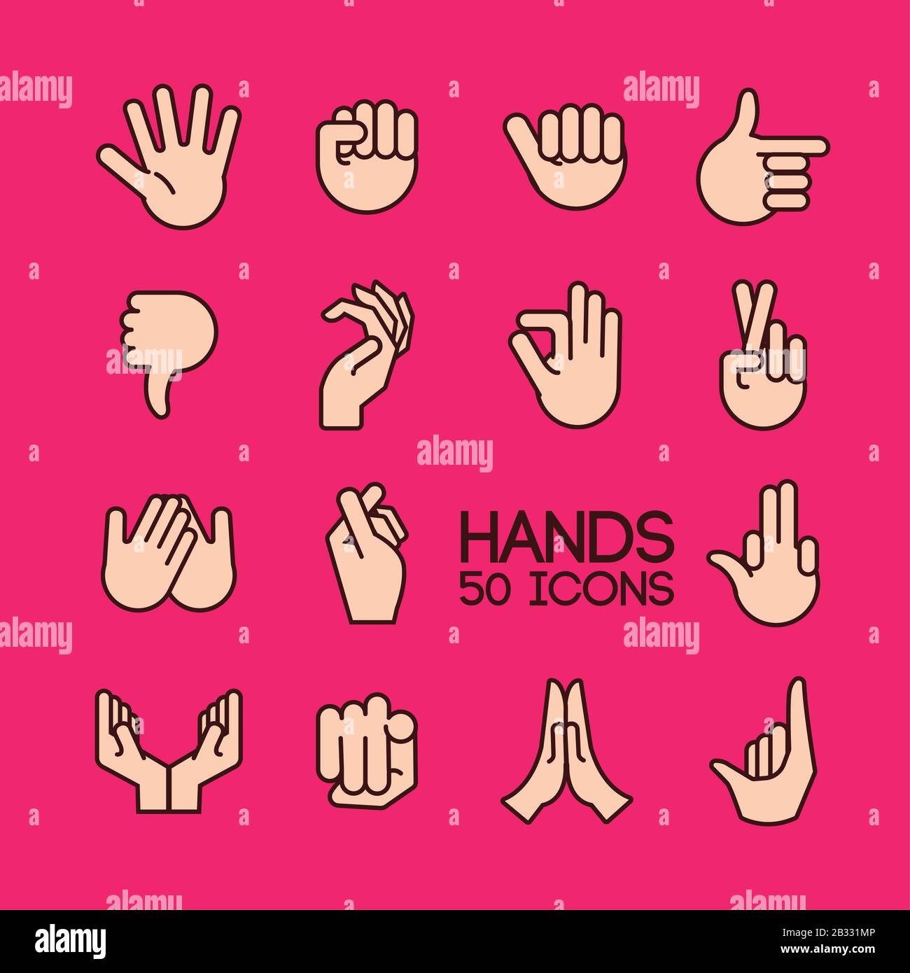 bundle of hands signals line and fill style in red background Stock ...