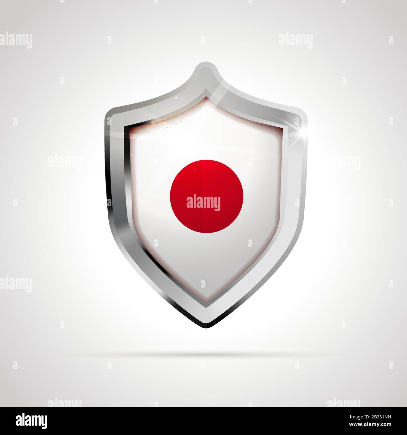 Japan flag projected as a glossy shield on a white background Stock ...