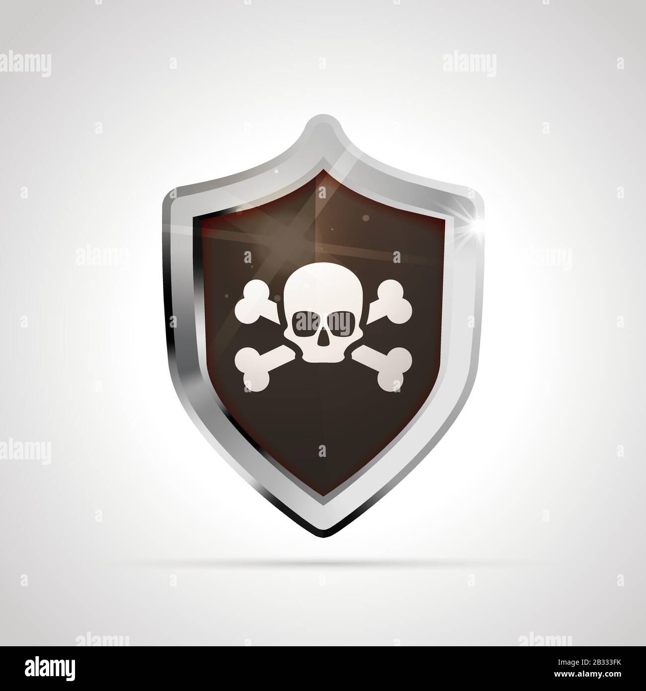 Pirate flag with skull and bones projected as a glossy shield on a ...