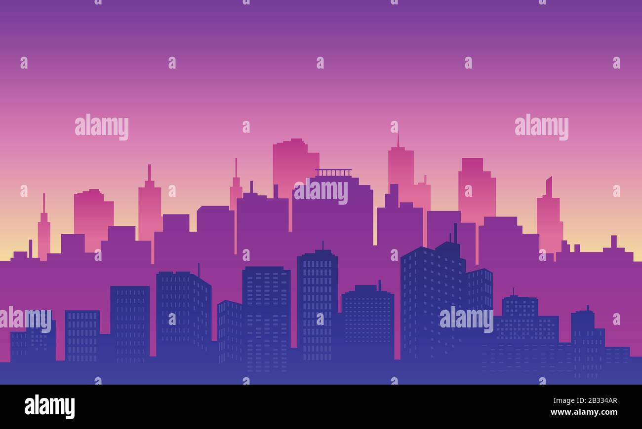 Silhouette of the city with purple sky gradient Stock Vector Image ...