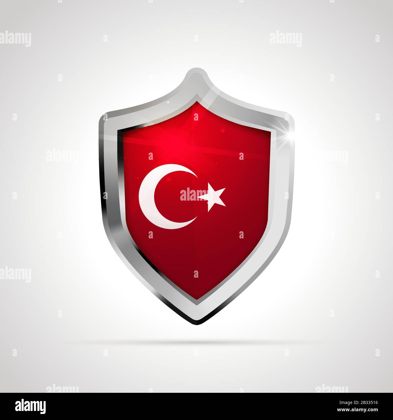 Turkey flag projected as a glossy shield on a white background Stock ...