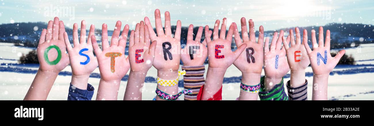 Children Hands Building Osterferien Means Easter Break, Winter Scenery ...