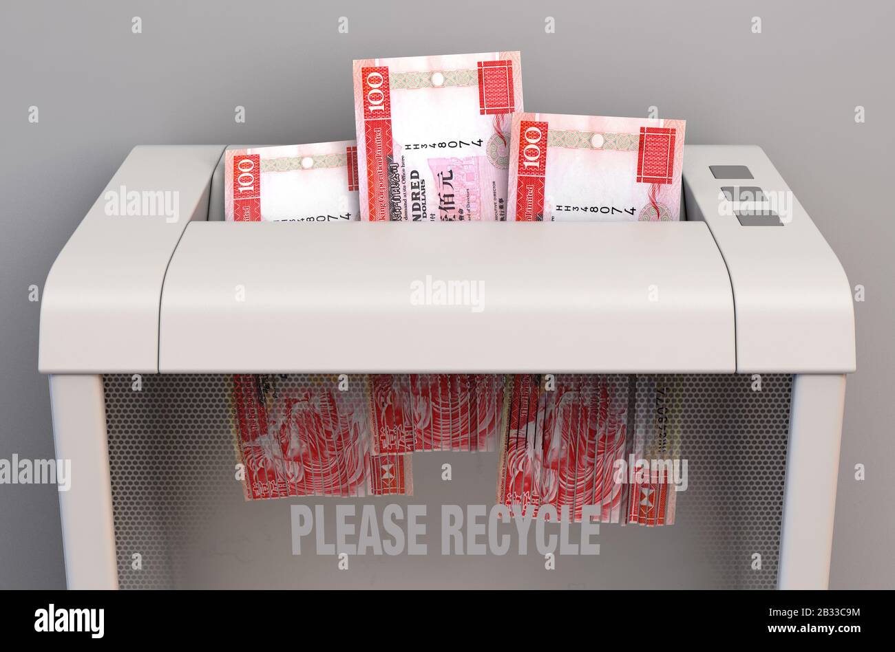 A regular office paper shredder in the process of shredding three hong ...