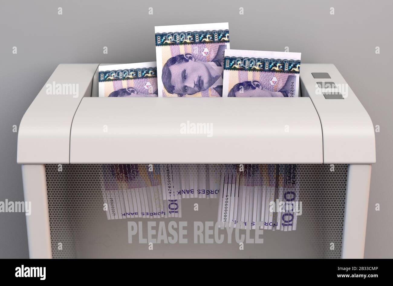 A regular office paper shredder in the process of shredding three ...