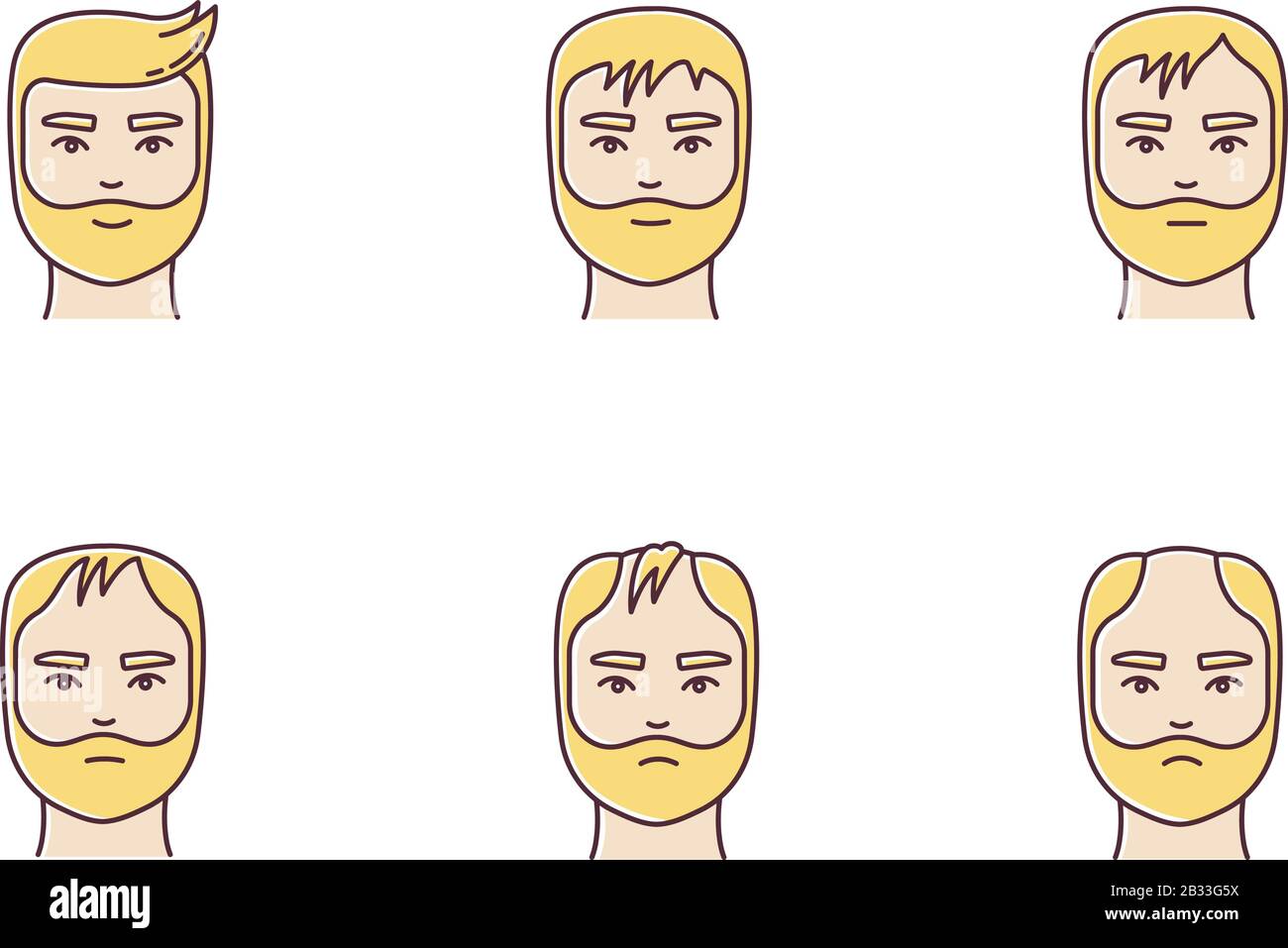 Hair loss RGB color icons set. Baldness process stages. Male alopecia ...