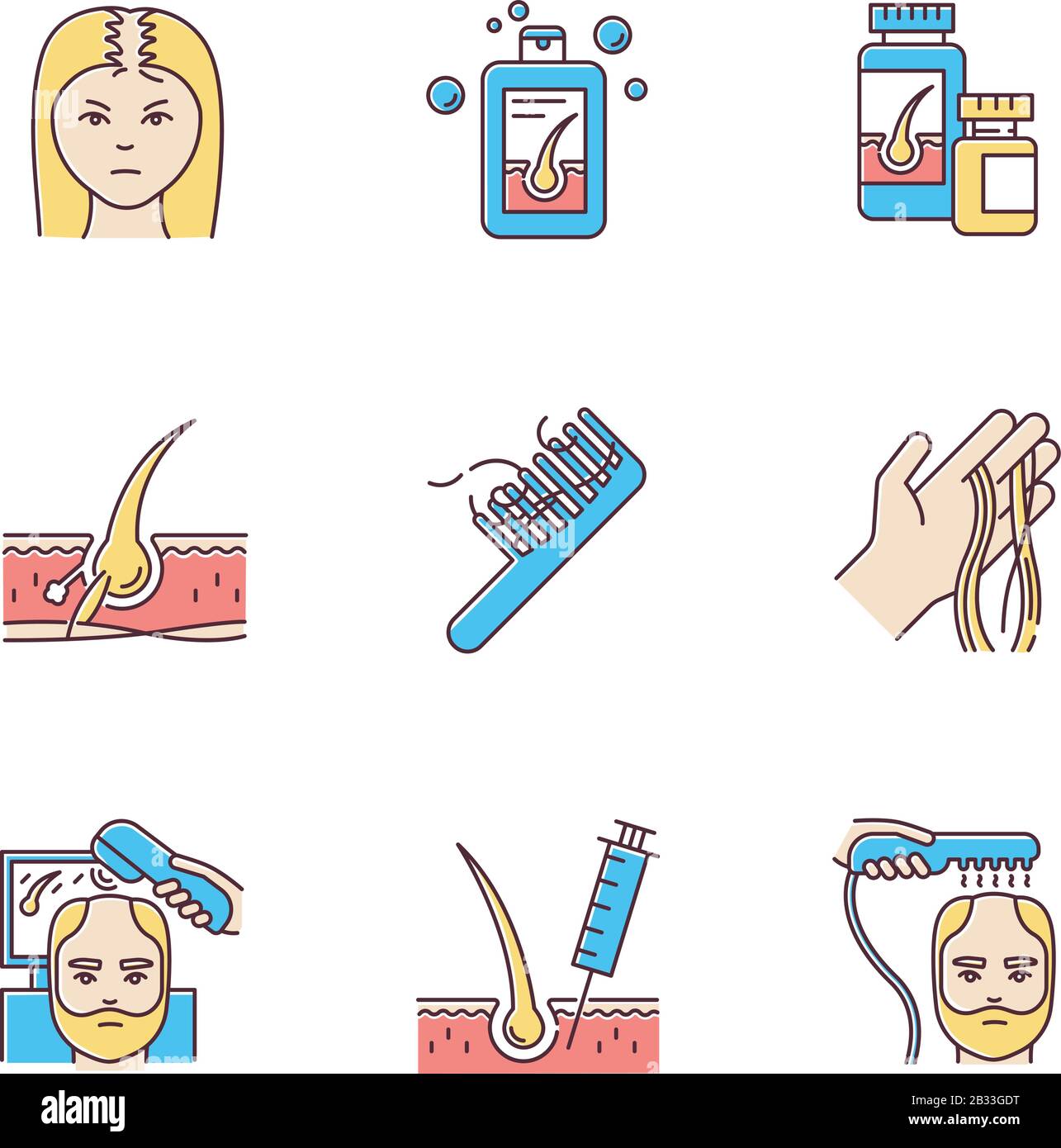 Hair loss RGB color icons set. Male alopecia and female balding. Laser ...