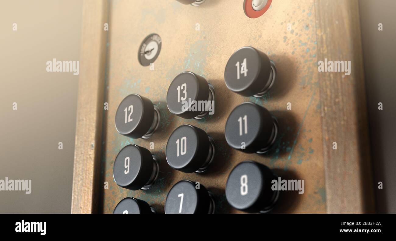 An old retro elevator control panel with fourteen floors made of brass ...