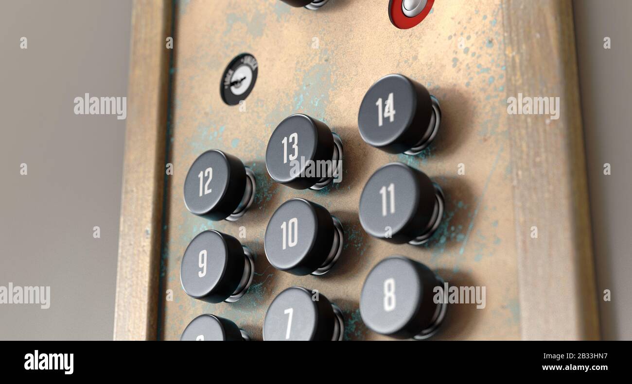 An old retro elevator control panel with fourteen floors made of brass ...