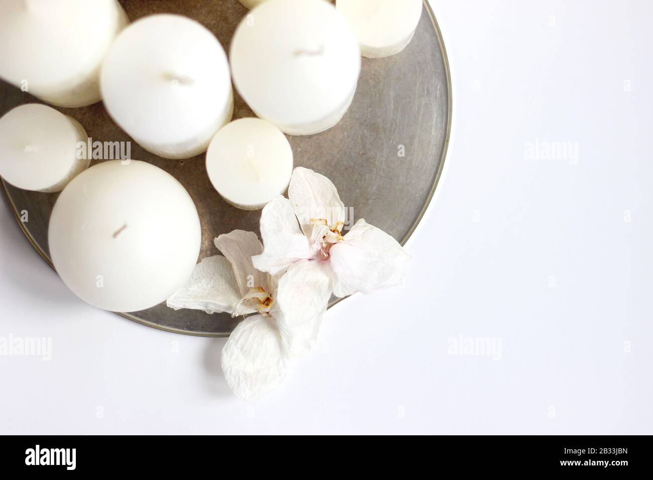 Overhead View of Still Life of Candles Composition with Orchid Flowers ...