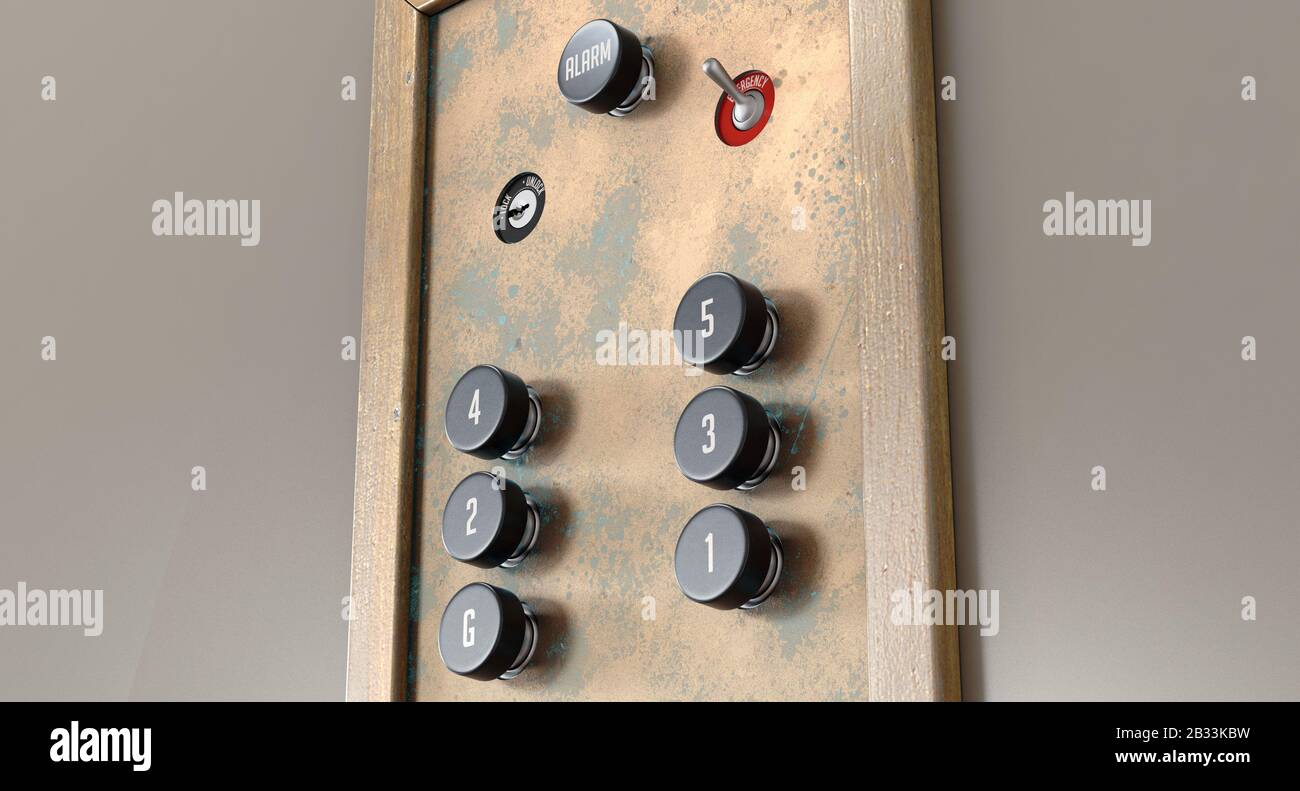 An old retro elevator control panel with six floors made of brass and ...