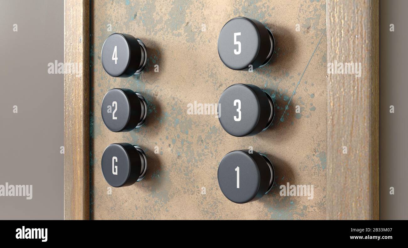 An old retro elevator control panel with six floors made of brass and ...