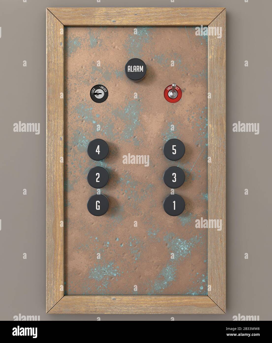 An old retro elevator control panel with six floors made of brass and ...