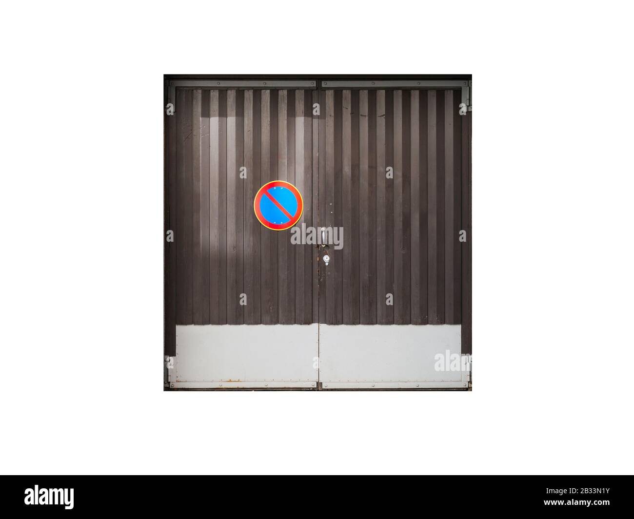 Closed brown warehouse gate with no parking road sign isolated on white ...