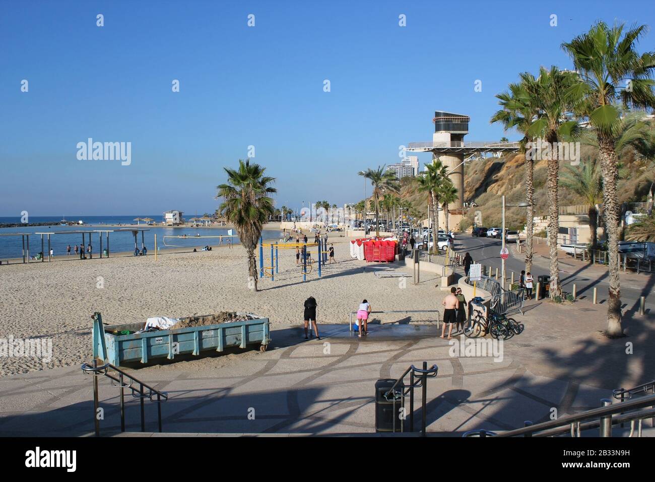 Netanya, Israel - December 21, 2019: Steel trash bins and freshwater ...
