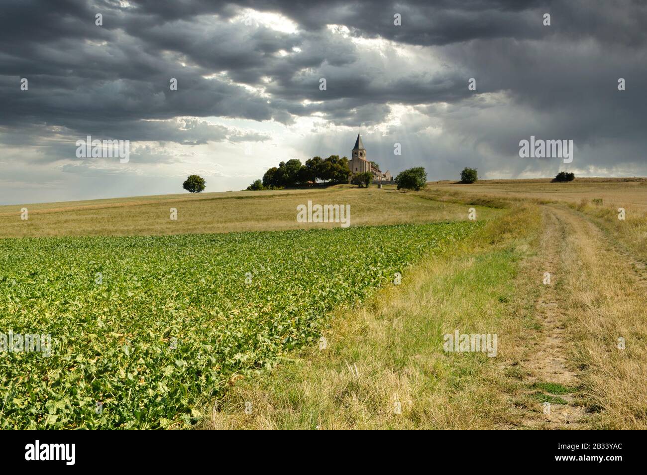 Superb view of a picturesque country village, perching on a hill and ...