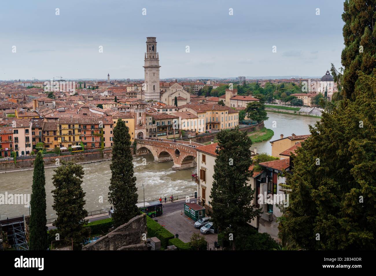 Scenic Verona cityscape view with Adige river and Church Complesso ...