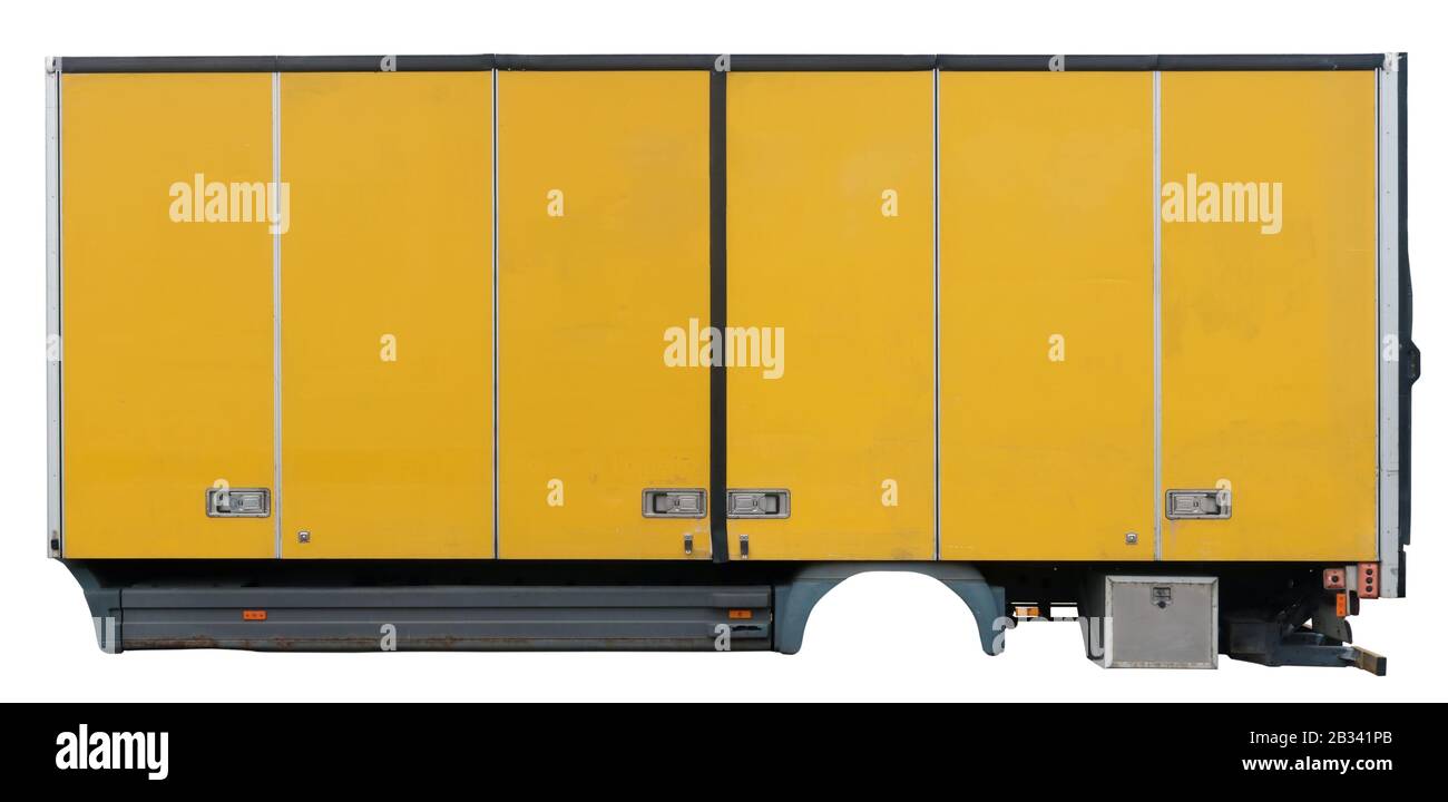 Old yellow freight van wagon. Isolated on white outdoor object. Mass ...