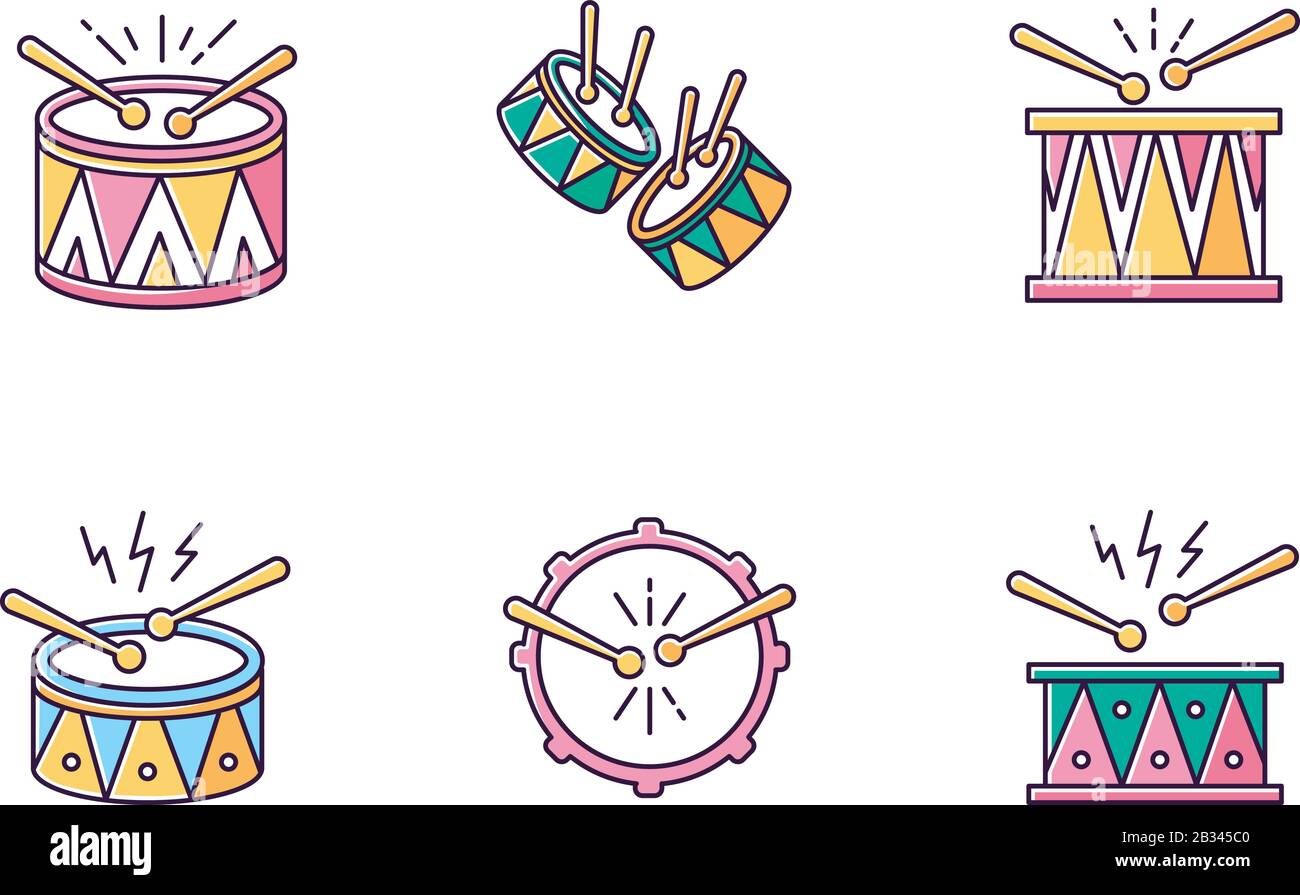 Brazilian music pink RGB color icons set. Drums with drumsticks. Samba ...