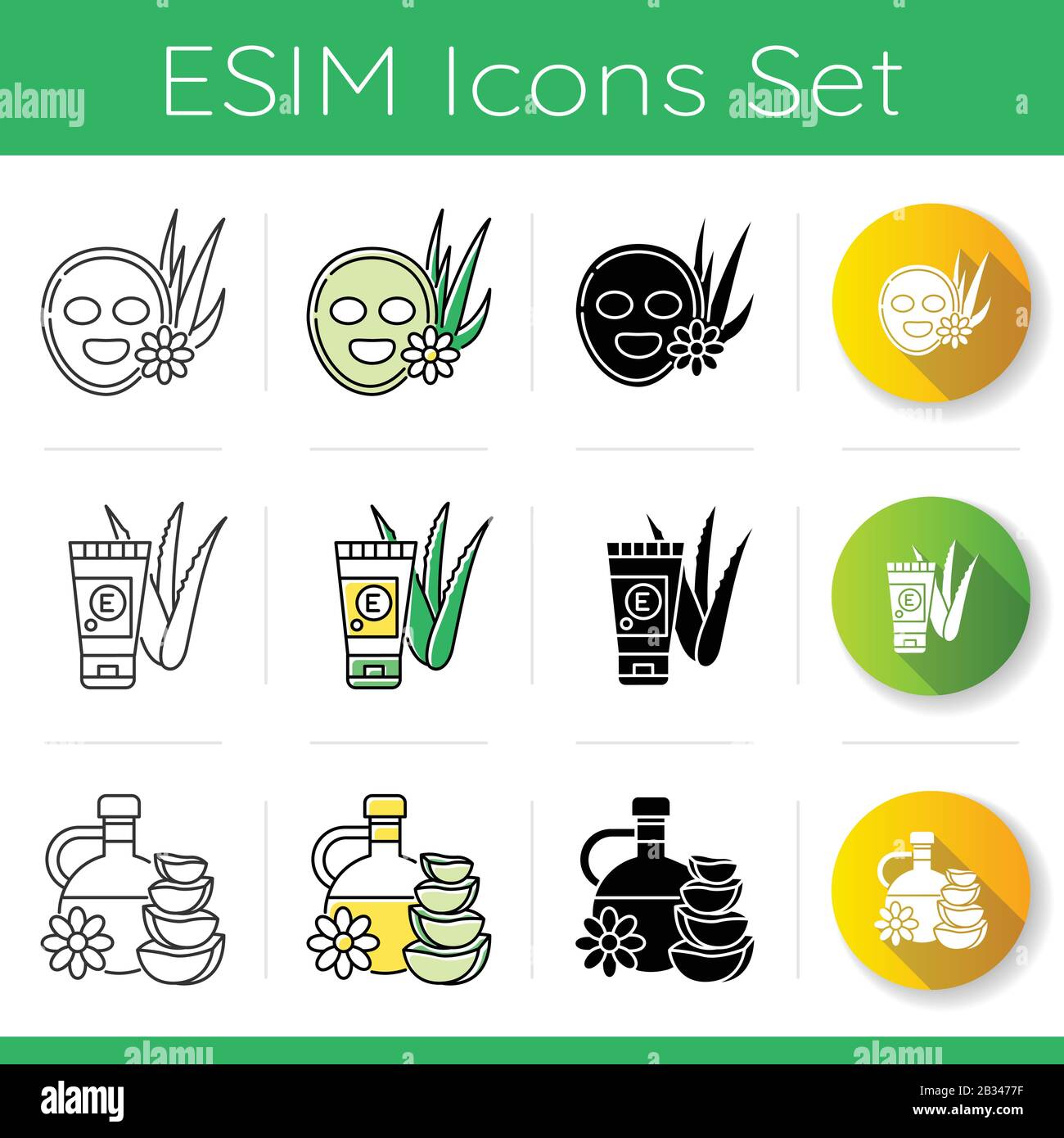 Aloe vera icons set. Healing skincare treatment. Natural spa procedure ...